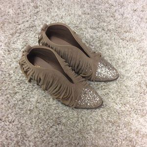 Beast | Shoes | Taupe V Fringe Glitter Booties Ankle Boots 55 | Poshmark